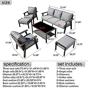 HOOOWOOO Outdoor Patio Furniture Sets,6 Piece Modern Conversation Set with 3 Seat Sofa 2 PCS All-Weather Wicker Chair Tempered Glass Top Table and Ottoman Footstool,Dark Grey Cushions
