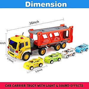 Liberty Imports Friction Powered Transport Car Carrier Truck Kids Toy - Heavy Duty Auto Transporter Trailer with Lights, Sound Effects, and Ramp (Includes 4 Removable Cars)