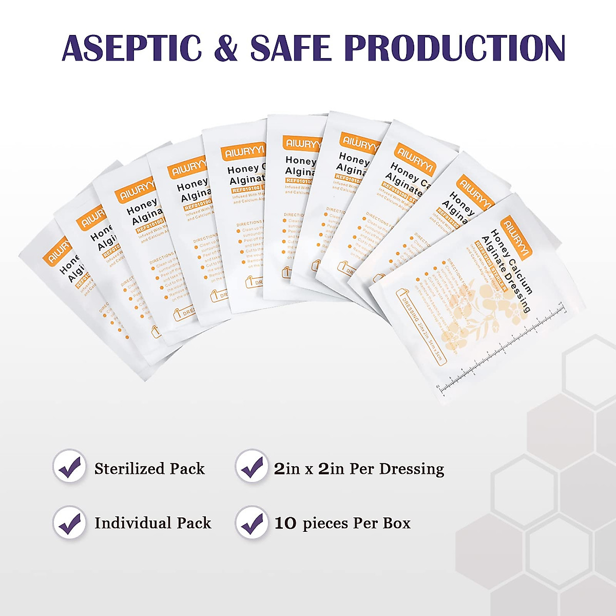 [Pack of 10] Honey Calcium Alginate Dressing 2”x2”, Honey Wound Patches with Calcium, Fast Healing Honey Pads for Bedsores, Surgical Wound, Diabetic Foot Ulcers, Burns and Skin Tears