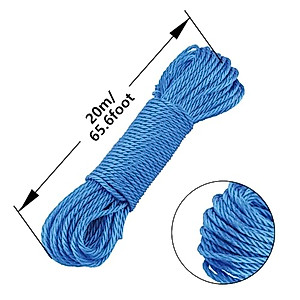 Nylon Rope, 20M Braided Rope Extra Strength Sunlight Nylon Rope Flag Pole Clothes Line Camping Utility Good for Clothesline Tie Pull Swing and More (blue)