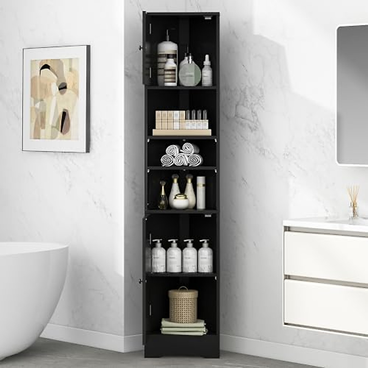 Merax Corner Cabinet Freestanding Floor Bathroom Storage Space Saver with Doors and Adjustable Shelves for Home, Kitchen, Tall Slim