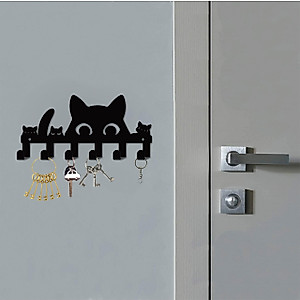 CREATCABIN Black Cat Key Holder for Wall Mounted Key Hook Metal Key Hanger Holder with 6 Hooks Metal Key Hanging Organizer Rack Wall Decor Hook for Entryway Front Door Hallway Office 10.6x5Inch
