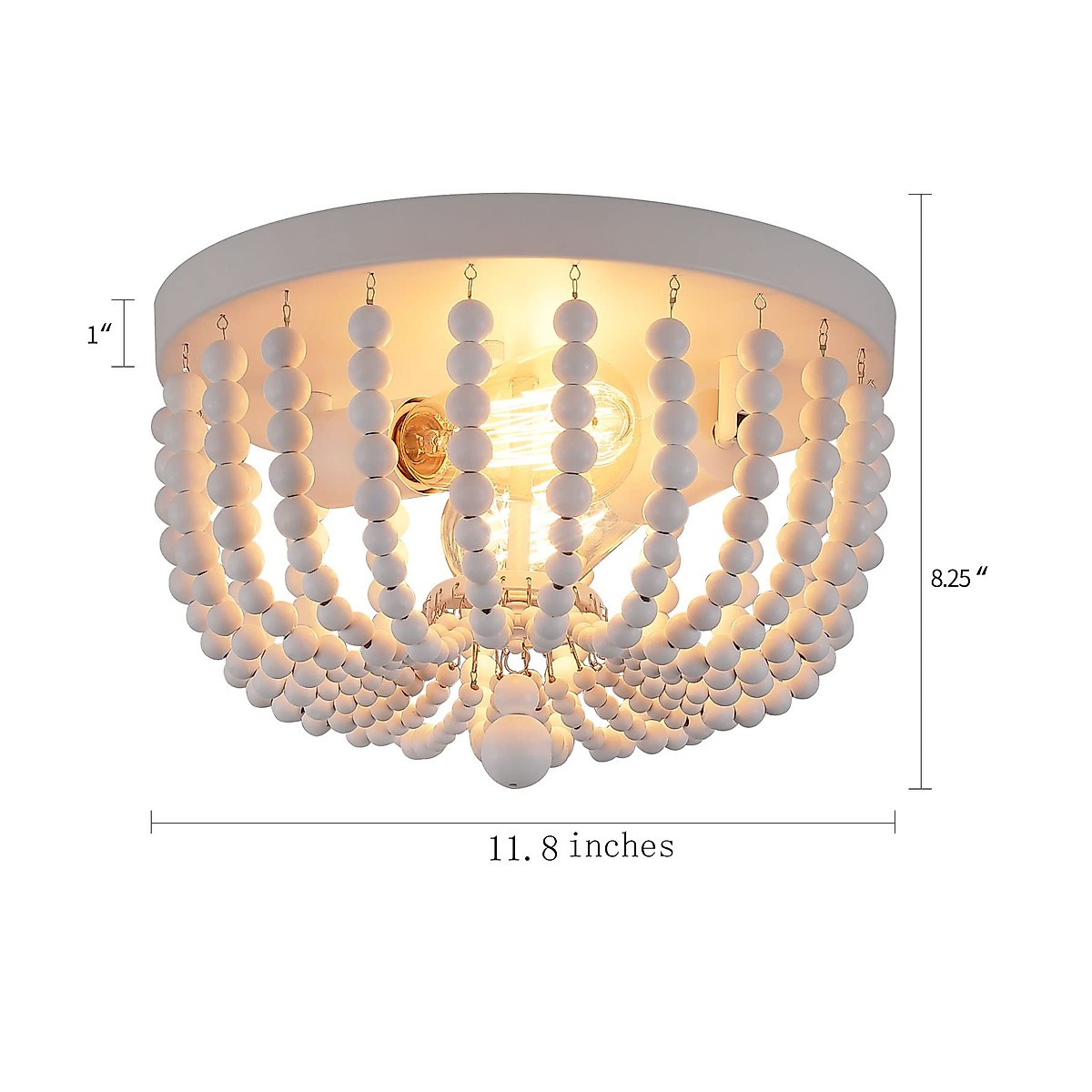 Q&S White Flush Mount Ceiling Light Fixtures,2-Lights Wood Beaded Boho Chandeliers for Nursery Baby Bedroom Dining Room Living Room Kitchen Hallway W11.81