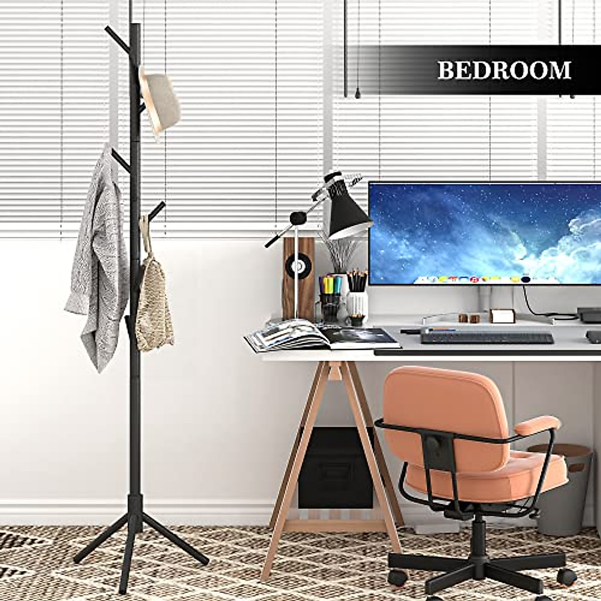 NicQliear Wooden Freestanding Coat Rack with 9 Hooks, Adjustable Coat Rack Stand 69.3" to Hang Clothes/Bags/Hats, Standing Coat Tree Perfect for Bedroom/Entryway/Hallway, Easy Assembly, Black