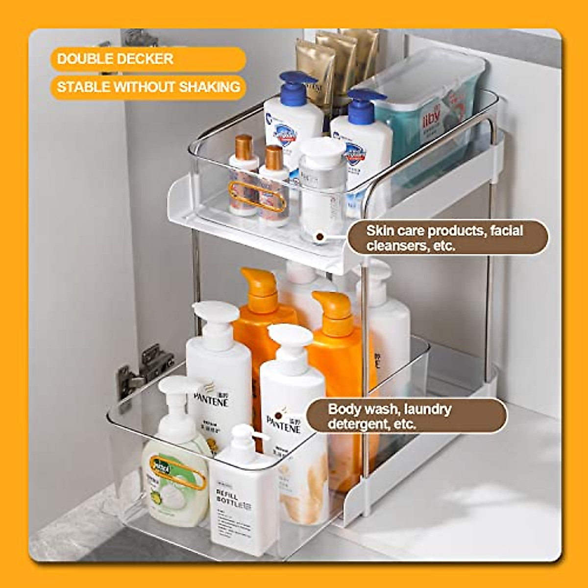 Pull Out Under Sink Organizer 2 Tier Multi Purpose Sink Organizers Storage for Bathroom Kitchen Sink Storage Organizer Sliding Cabinet Organizer,White,L