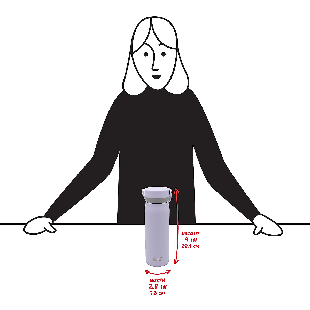 BUILT Cascade Double Wall Vacuum Insulated Stainless Steel Wide Mouth Water Bottle with Comfort Grip and Carry Handle Lid, 20 ounces, Lavendar