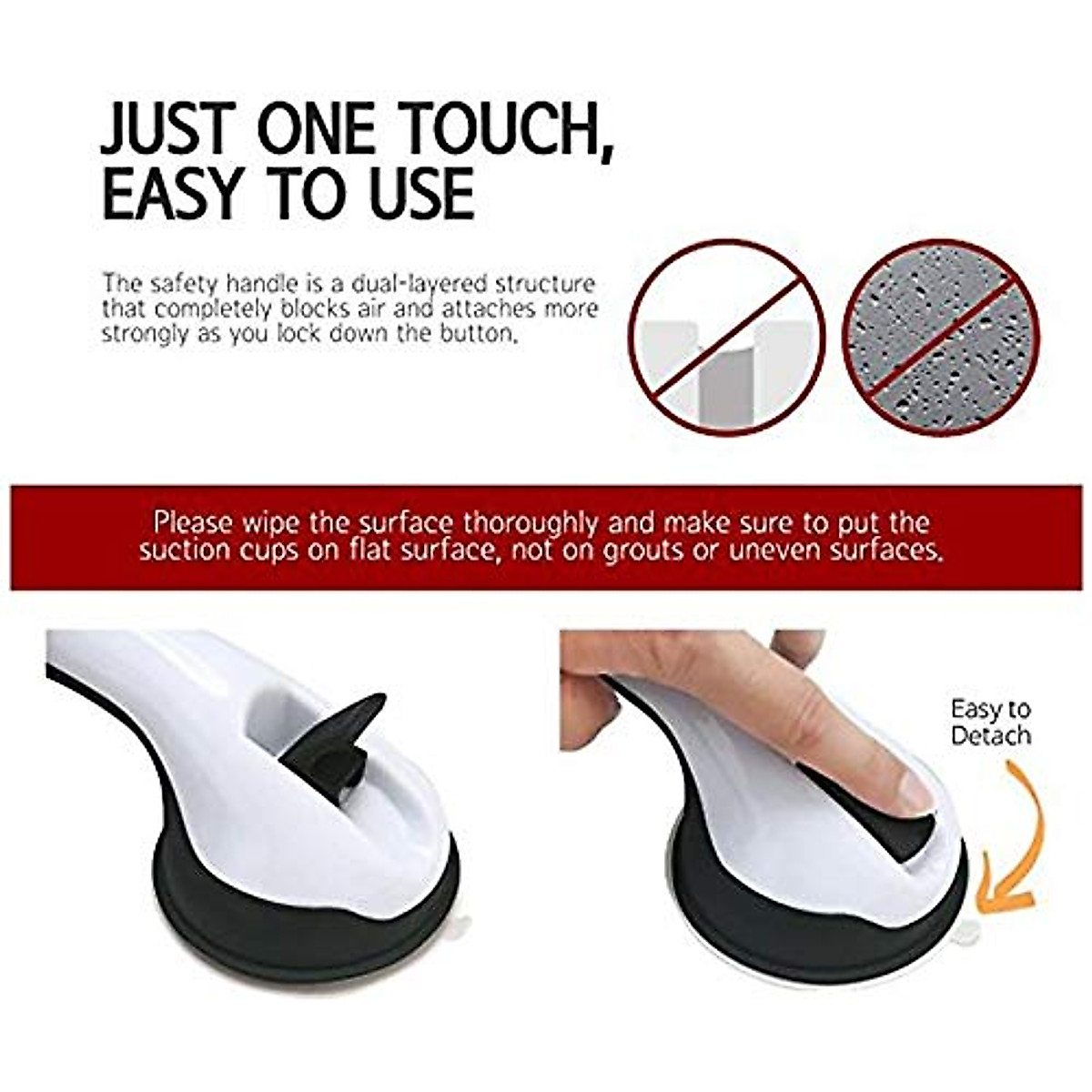 FChome 2 pcs Shower Wall Suction Cup Grab Bars with 4 pcs Self-Adhesive Hooks, Bathroom Balance Bar-12 Inch Shower Handle Bar Offers Safe Grip with Strong Hold Suction Cup for Safety Grip Grab,Gray.