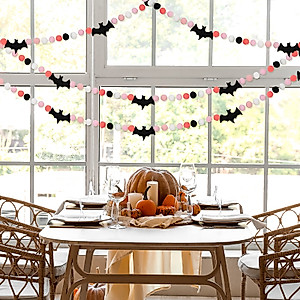 Whaline 8.2Ft Halloween Banner Felt Bats Balls Banner Black White Pink Decorative Pom Pom Banner Halloween Party Pom Garland for Halloween Haunted Houses Decoration Doorways Home Mantel Supplies
