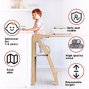 Toddler Step Stool, Folding Wooden Step Stool, Montessori Learning Tower, Kids Step Stool Toddler Tower, Kitchen Helper Stool for Toddlers, Toddler Tower Step Stool Kitchen Helper Standing Tower