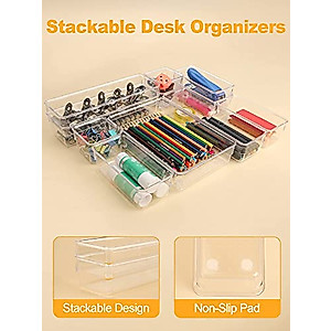 SMARTAKE 16-Piece Drawer Organizers, 4 Sizes Desk Dividers with Non-Slip Pads, Plastic Dresser Storage Tray Sets, Cosmetic Makeup Jewelries Trays, for Kitchen, Office, Home, Bathroom (Clear)