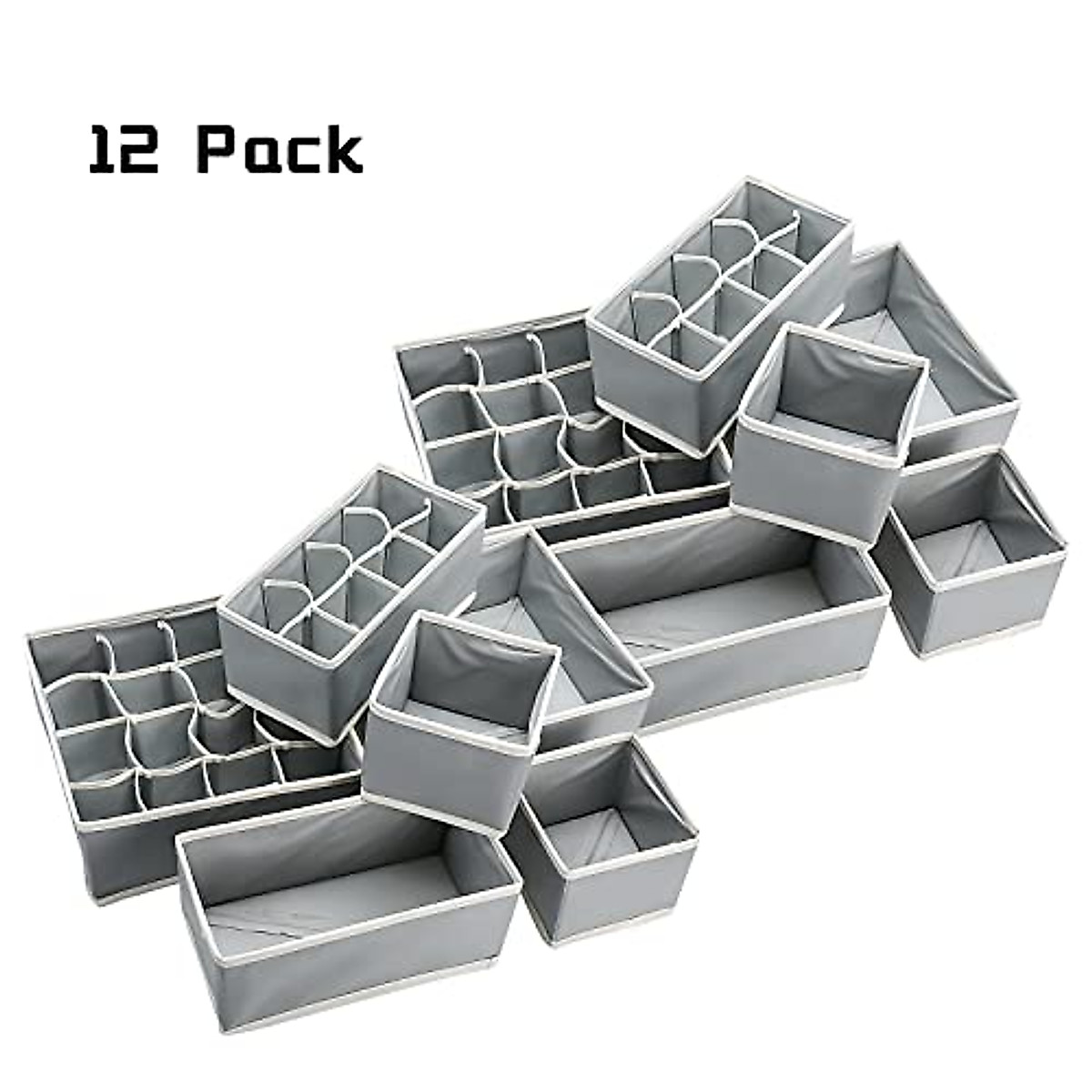 Patioer 12 Pack Underwear Drawer Organizer Dividers Foldable Drawer Organizer For Clothes Cloth Storage Box Closet Dresser Organizer Cube Fabric Containers Basket Bins for Underwear Bras Socks, Gray