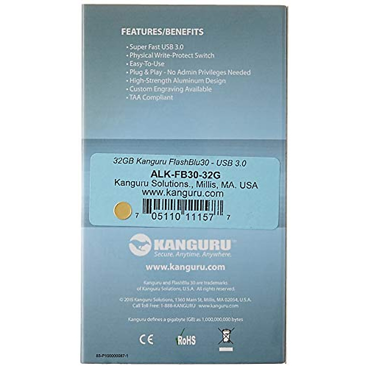 Kanguru FlashBlu30 – 32GB USB Flash Drive – Physical Write Protection Switch - Super Fast USB 3.0