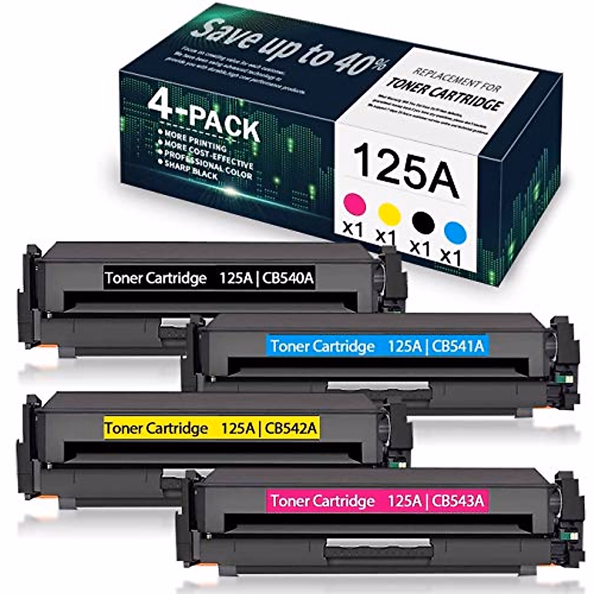 4-Pack (1BK+1C+1Y+1M) 125A | CB540A CB541A CB542A CB543A Compatible Remanufactured Toner Cartridge Replacement for HP Color CP1215 CP1518ni CP1515n CM1312nfi Printer, Toner Cartridge.