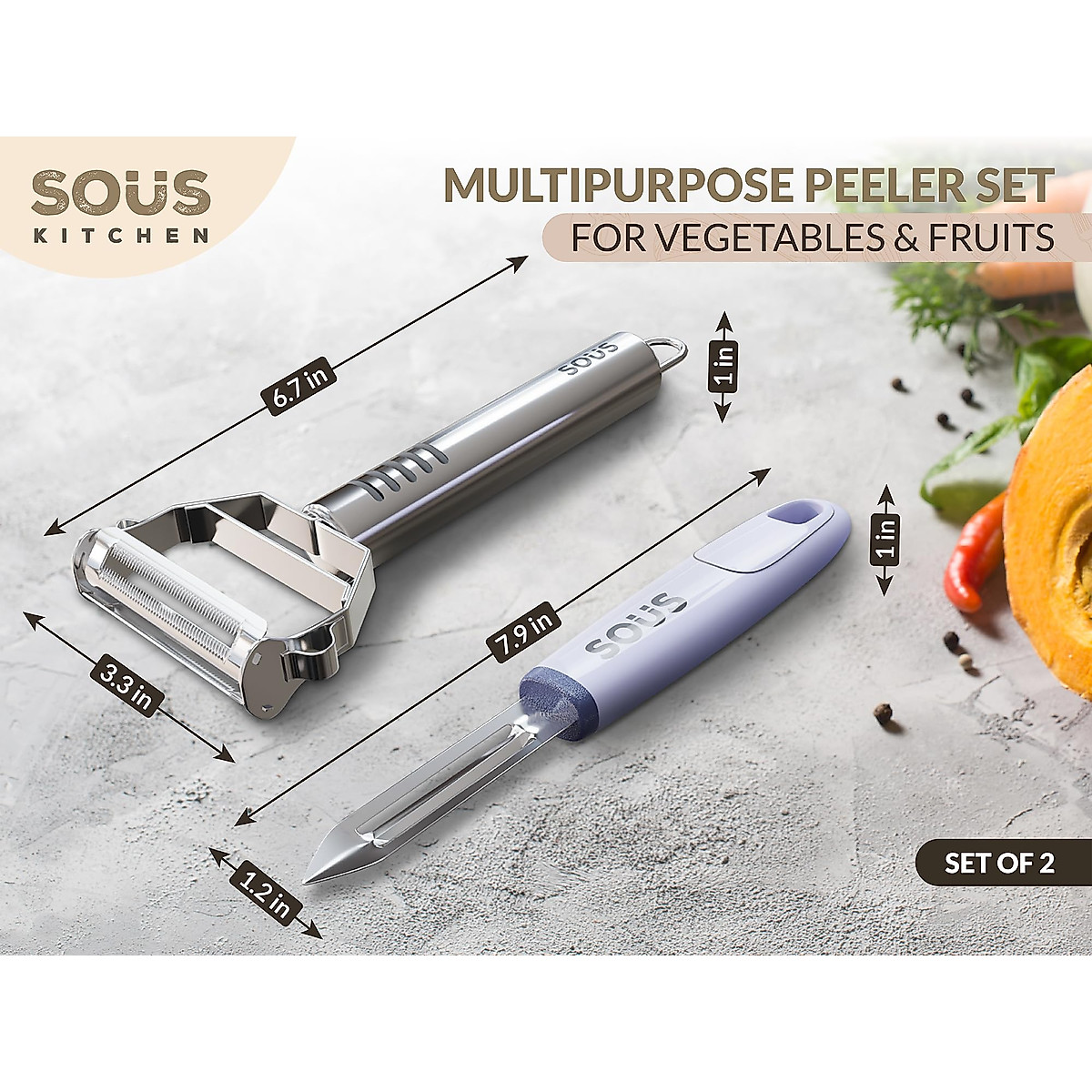 Sous Kitchen Fruit Peeler & Vegetables Peeler for Kitchen - Julienne Peeler & Veggie Peeler with Stainless Steel Blade - Carrot Peeler & Potatoes Peeler with Apple Sharple Peelers (2 Pcs)