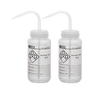 EISCO 2PK Wash Bottles for Distilled Water, 500ml - Labeled with Chemical Information & Safety Information (1 Color) - Wide Mouth, Self Venting, Low Density Polyethylene - Performance Plastics Labs