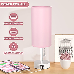 Hong-in Pink Bedside Lamp - 3 Color Modes, Small Lamp with USB-C and USB-A Charging Ports, Pull Chain, Nightstand Light for Bedroom, Office, Kids Room (Bulb Included)