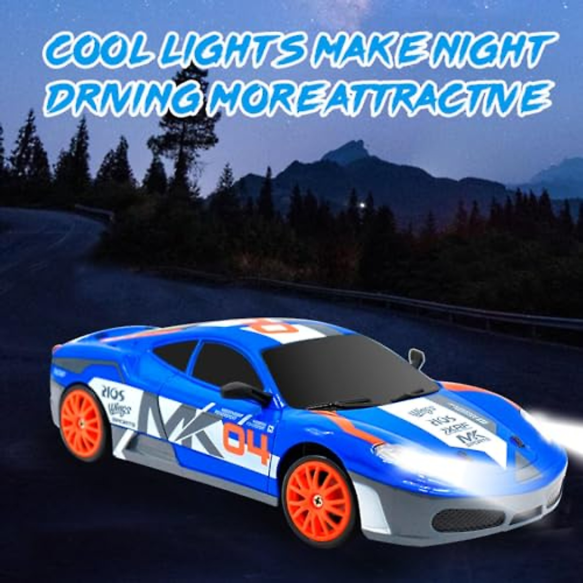 AGNEVE RC Drift Car 1:24 Scale RC Car with LED Lights Glow and Drifting Tires 2.4GHz Remote Control Car 4WD 14KM/h High-Speed RC Cars with 2 Rechargeable Batteries Boys Girls