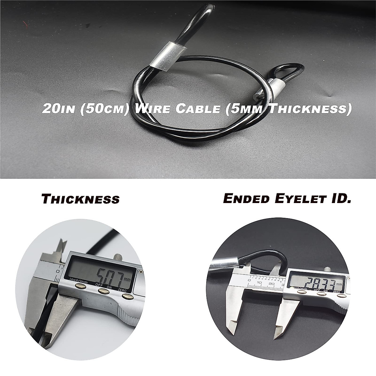 Bytiyar 4 pcs 20 inch (50cm) 5mm Thickness Galvanized Steel Wire Rope Lanyard Cable Tether Safety Strap with Braided Steel Rubber Coated and 2 Loops Black