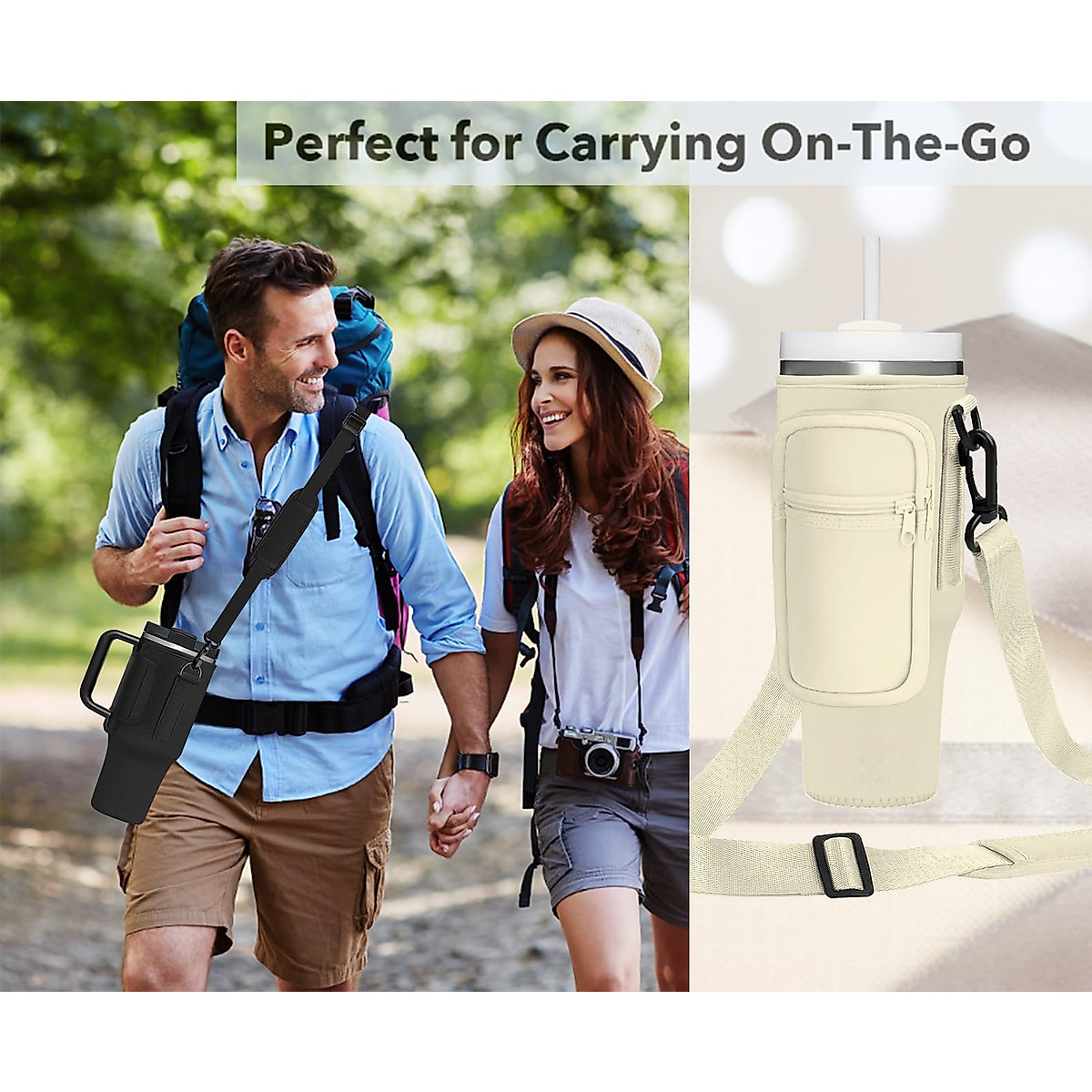 Momocici Cup Holder Carrier Bag with Strap and Pouch for Stanley Quencher 40oz Tumbler. Cup Crossbody Holder Bag Compatible with Stanley Cup for Hiking Travelling Camping.(Cream)