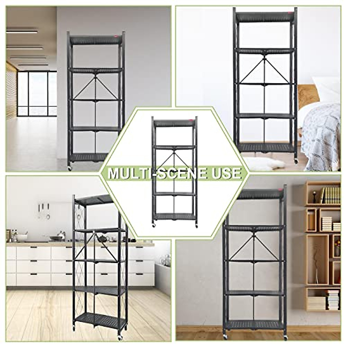5-Shelf Foldable Storage Shelves with Wheels, Large Capacity Shelving Unit, Freestanding Metal Wire Shelf Rack, No Assembly Organizer Rack for Garage Kitchen, Basement, Pantry, Heavy Duty