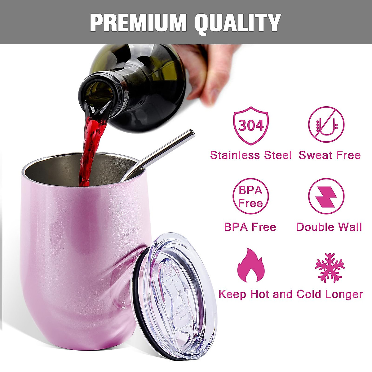 BetterSub 8 Pack 12oz Sublimation Glitter Pink Wine Tumblers Double Wall Insulated Sublimation Blanks Tumblers, Stainless Steel Sublimation Cups with Lid, Metal Straw, Brush, Display Box