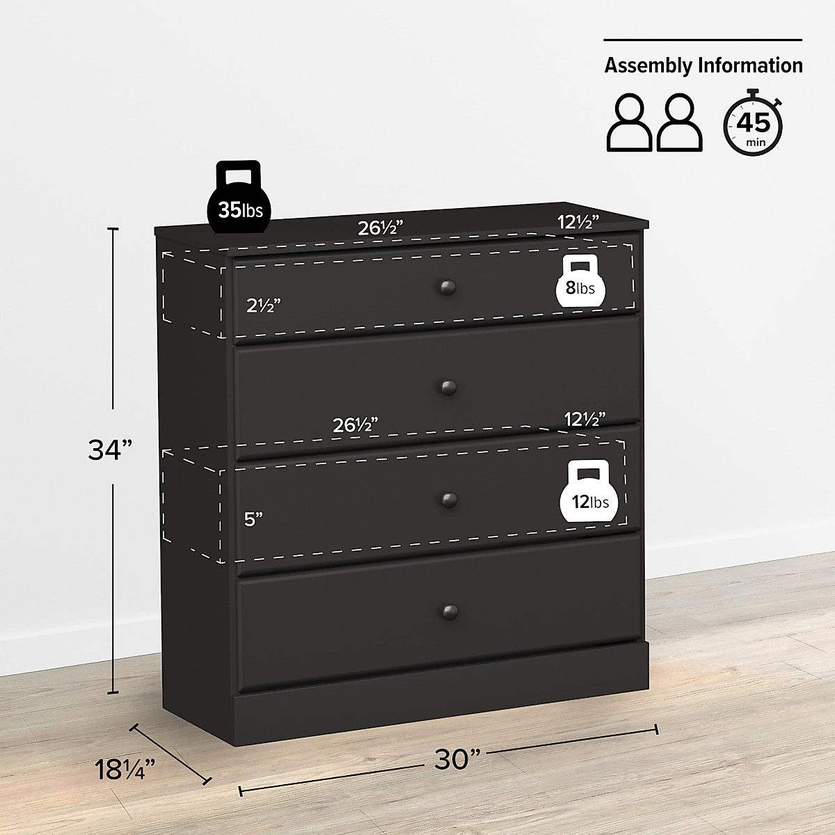 Prepac Astrid 4 Drawer Dresser for Bedroom, Chest of Drawers, Bedroom Furniture, Clothes Storage and Organizer, 18.25" D x 30" W x 34" H, Black, BDBR-0401-1