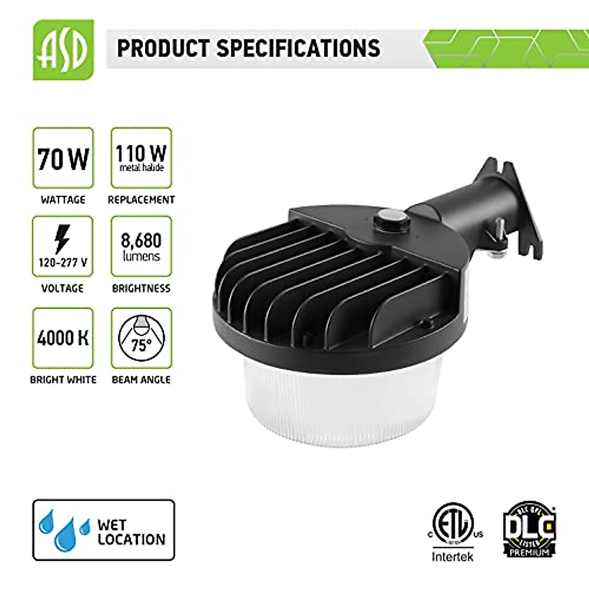 ASD LED Barn Light 70W, Dimmable, Dusk to Dawn Outdoor Lighting, Commercial Grade, 120-277V, Ultra Bright Waterproof Area Light, 110W MH Replacement, 8680 Lm, 4000K, ETL & DLC Premium