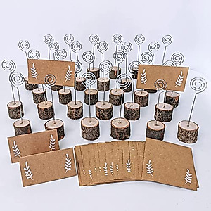30 Pcs Rustic Wood Place Card Holders with Swirl Wire Wooden Bark Memo Holder Stand Card Photo Picture Note Clip Holders 5.8" and Kraft Place Cards Bulk for Wedding Party Table Number Name Sign
