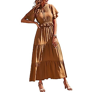 PRETTYGARDEN Womens Summer Boho Maxi Dress Short Sleeve V Neck Ruffle Trim High Waisted Tiered Party Flowy Long Dresses 2023 (Coffee, Medium)
