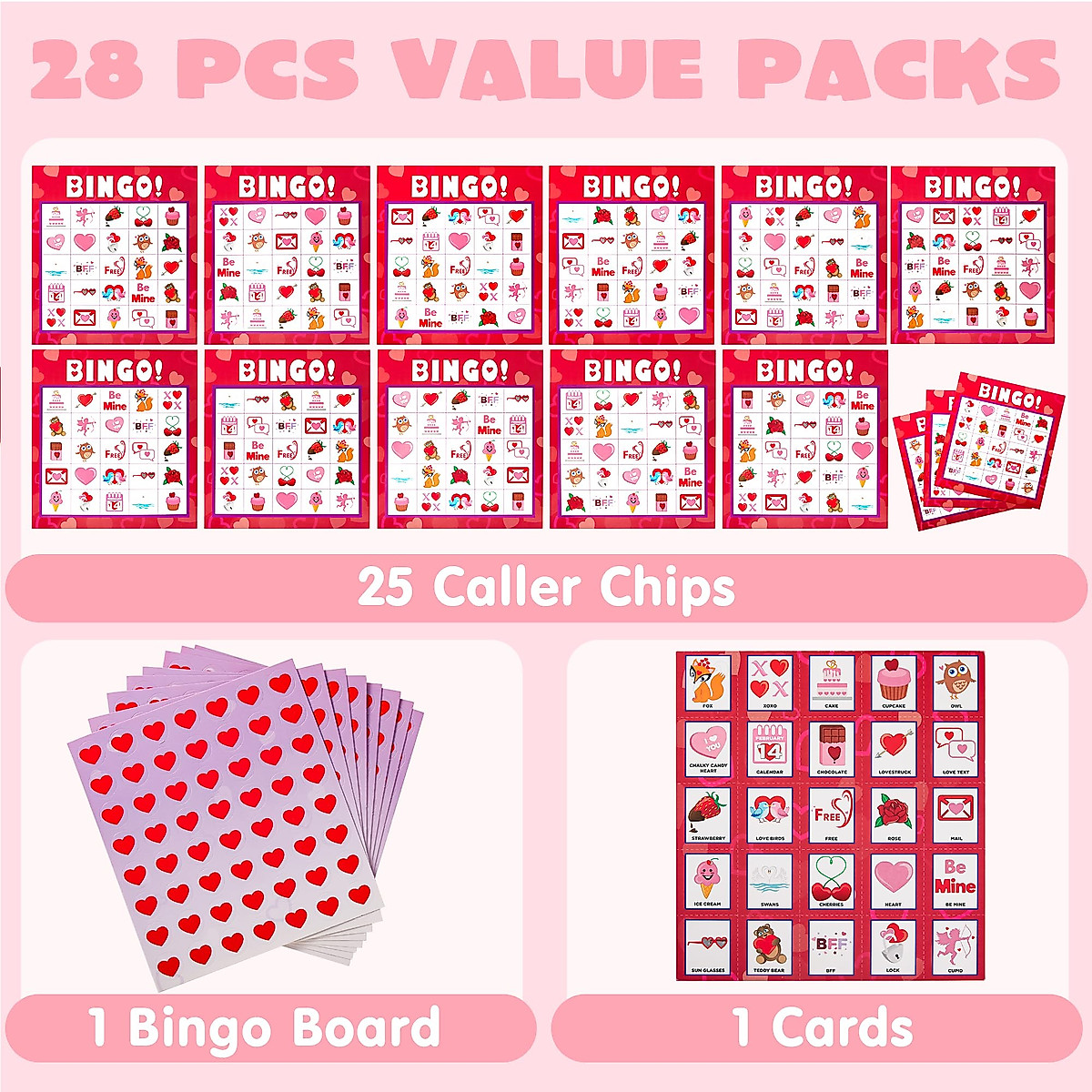 JOYIN Valentines Day Bingo Game Cards (5x5) – 28 Players for Kids Party Card Games, School Classroom Games, Love Party Supplies, Family Entertainment Activities