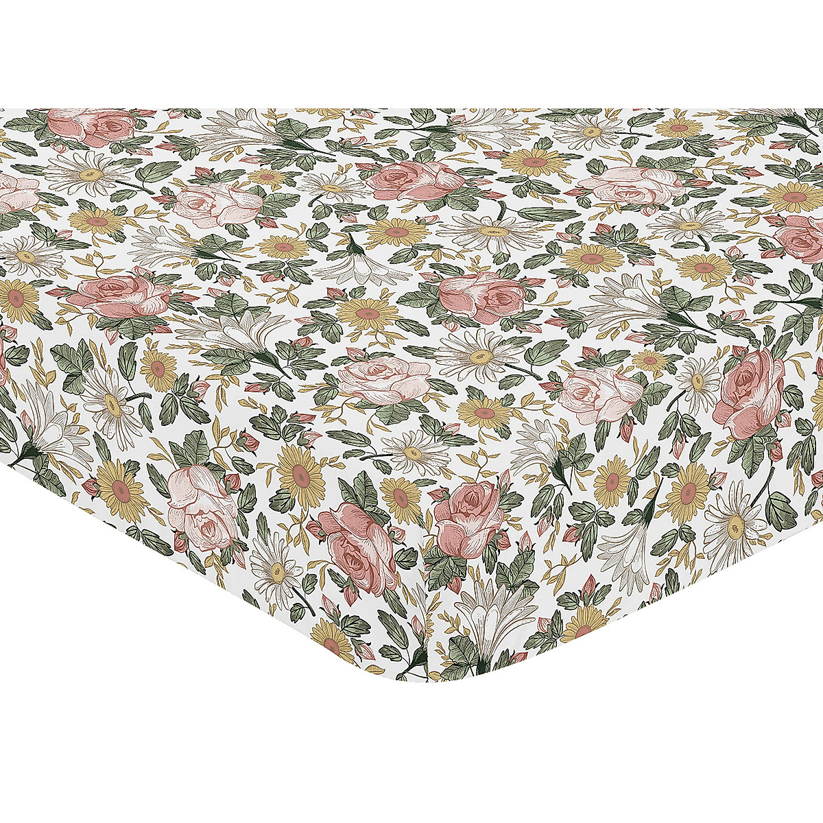 Sweet Jojo Designs Boho Floral Girl Jersey Stretch Knit Baby Fitted Crib Sheet for Soft Toddler Bed Nursery - Blush Pink, Yellow, Green, White Vintage Shabby Chic Rose Flower Farmhouse