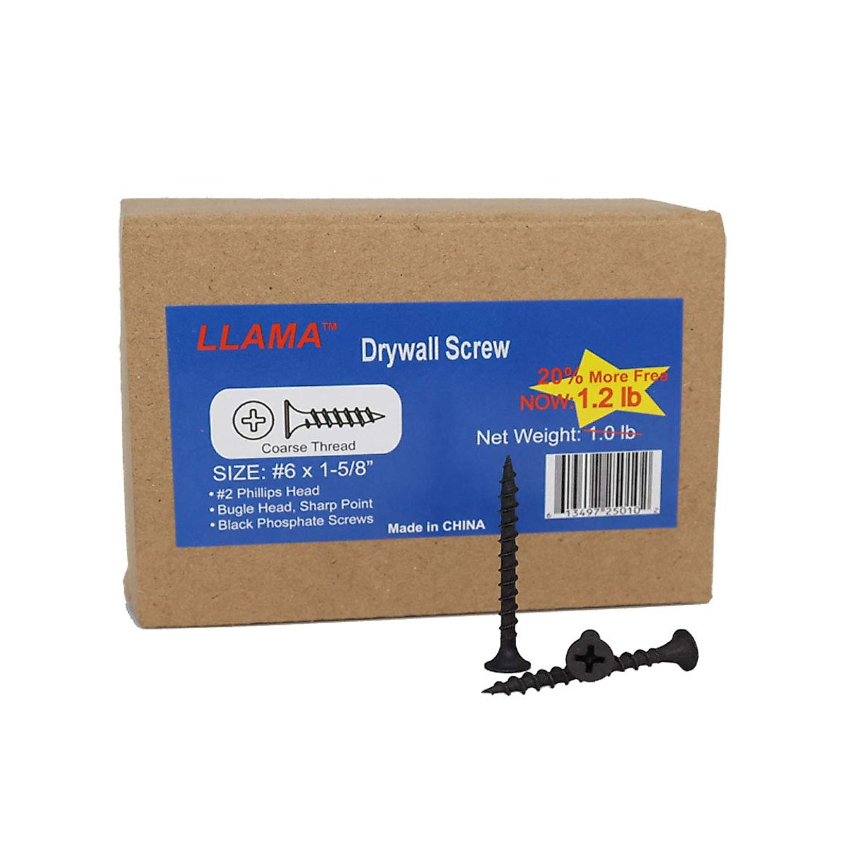 LLAMA Fastener Drywall Screws #6x1-5/8” - Coarse Threaded Black Phosphate Screws, Pay 1.0LB Now GET 1.2LB