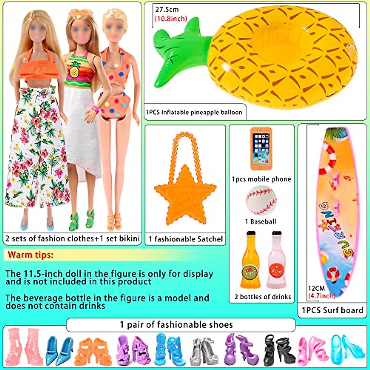 ebuddy Doll Clothes and Accessories 3 Sets Doll Clothes with Volleyball Surfboard Cup Holder and Accessories for 11.5 Inch Girl Doll(No Doll)