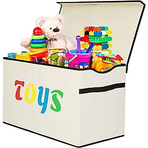 VICTORICH 100L Toy Box Chest, 2 PACK Collapsible Sturdy Storage Bins with Lids, Extra Large Kids Toy Storage Organizer Boxes Bins Baskets, Beige + Black