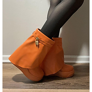 Liliana Women Round Toe Wedge Heel Fold Over Mid-calf Boots Brook-1 Orange Pu 8.5