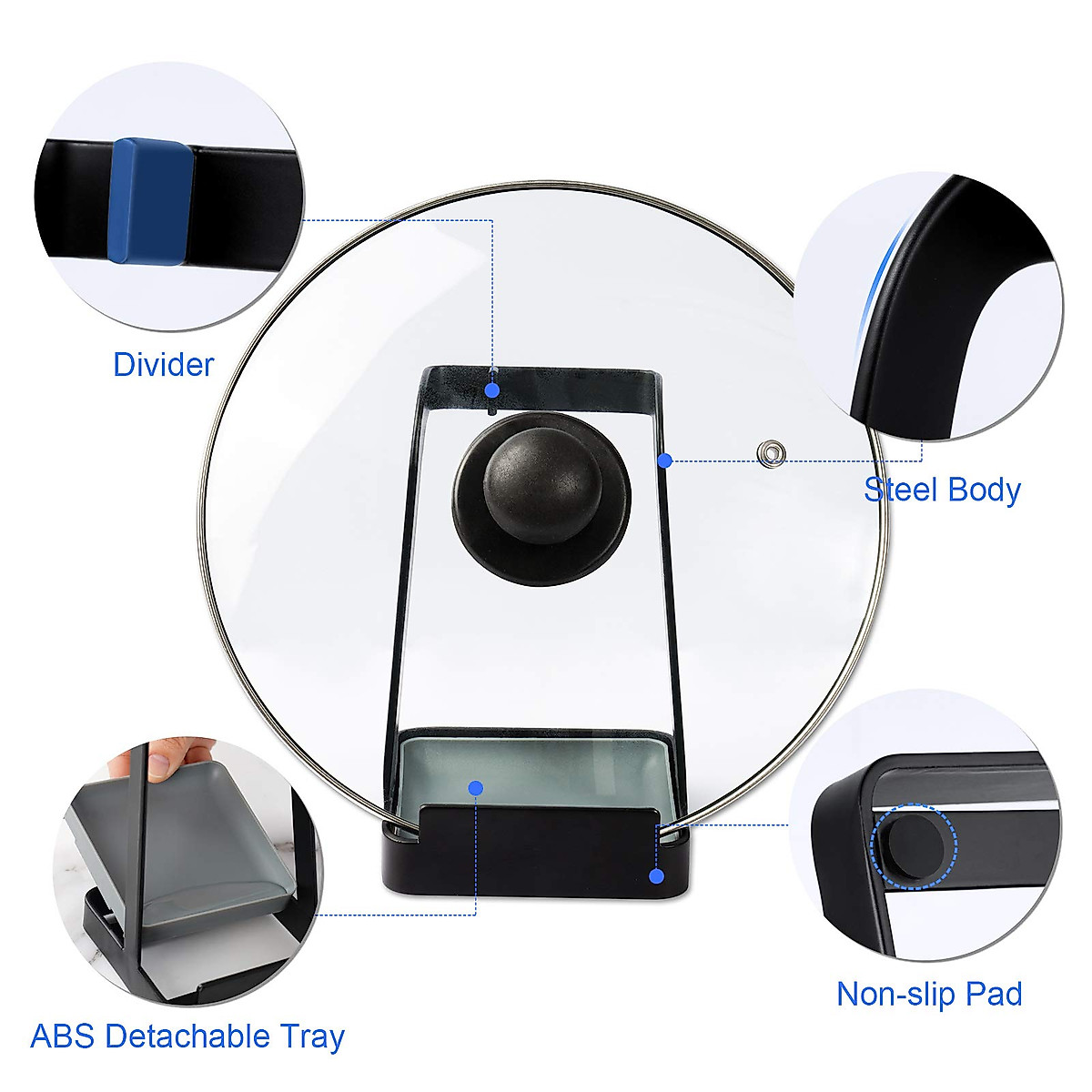 NiHome Versatile Pot Lid Ladle Holder Multipurpose Spatula Pad Book Cutting Board Spoon Rest Kitchen Utensils Drip Tray Washable Durable Stable Tack-Free Installation (Black)