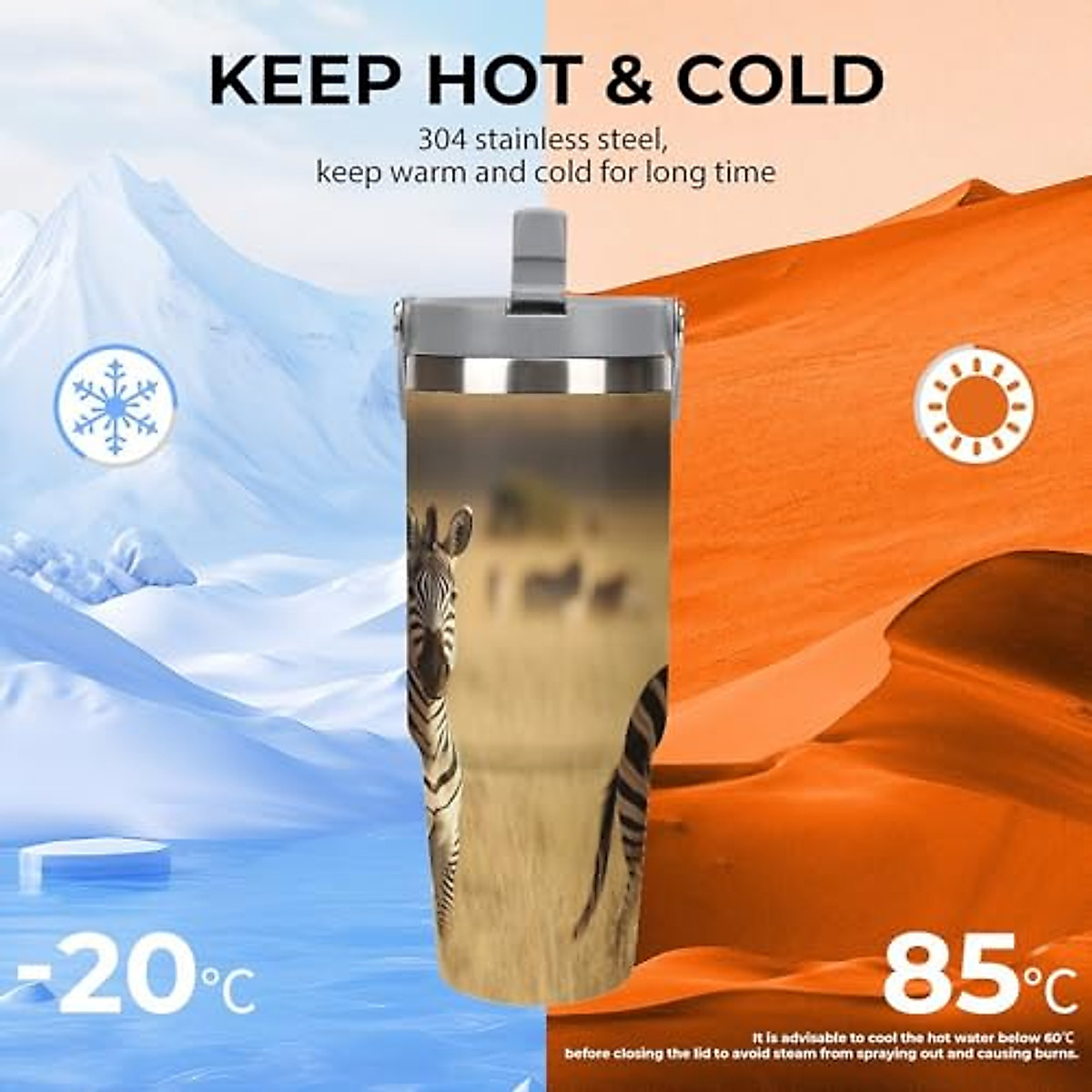 BWQJKUO Large Capacity Car Cup 30 Oz Stainless Steel Zebras in The Grass of The Savanna Printed Travel Mug Leak-proof Flip Straw Tumbler with Handle,keeps Cold Or Ho