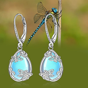 Dragonfly Moonstone Earrings for Women Filigree Earrings Teardrop Lever Back S925 Sterling Silver Moonstone Jewelry