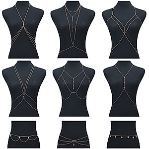 9 Pcs Body Chain Jewelry Bikini Bra Chain Retro Waist Belly Chain Necklace Boho Belly Waist Chain Body Jewelry Set for Women Summer Beach Gold