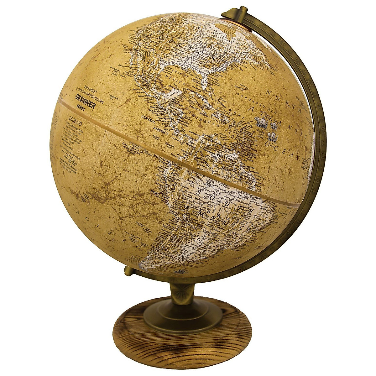 Replogle Morgan – Designer Series Globe, Old World Style Globe, Raised Relief, Charred Hardwood Base, Antique brass plated Semi-Meridian, Velvety texture ball (12"/30 cm diameter)