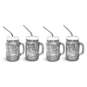 Home Suave Mason Jar Mugs with Handle, Regular Mouth, White Lids with 4 Reusable Stainless Steel Straw, Set of 4 (White), Kitchen GLASS 16 oz Jars, Dishwasher Safe