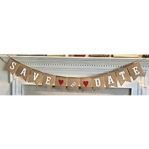 Save The Date Burlap Banner - Engagement Picture Prop Wedding Announcement - Ready to Hang Bridal Shower Decoration – White Letters & Red Hearts Garland by Jolly Jon