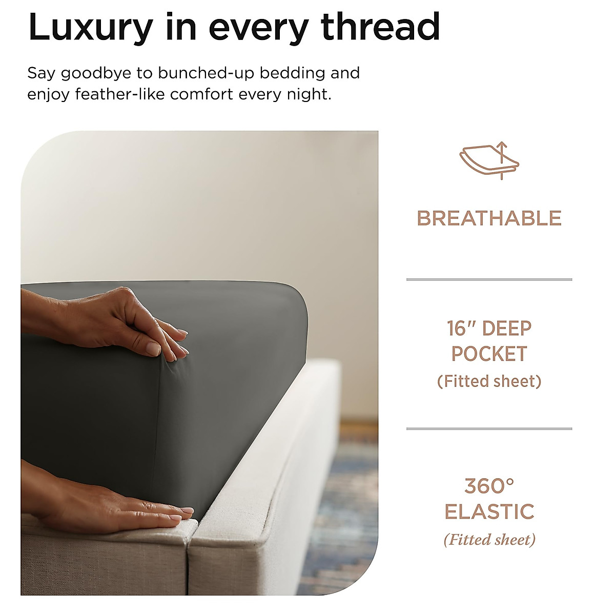 Threadmill Luxury 800 Thread Count California King 100% Cotton Sheets - Dark Grey Sateen Weave Bed-Sheets, Better Than Egyptian Cotton,4 Pc Solid Bedding Set, Fits 16" Deep Pocket