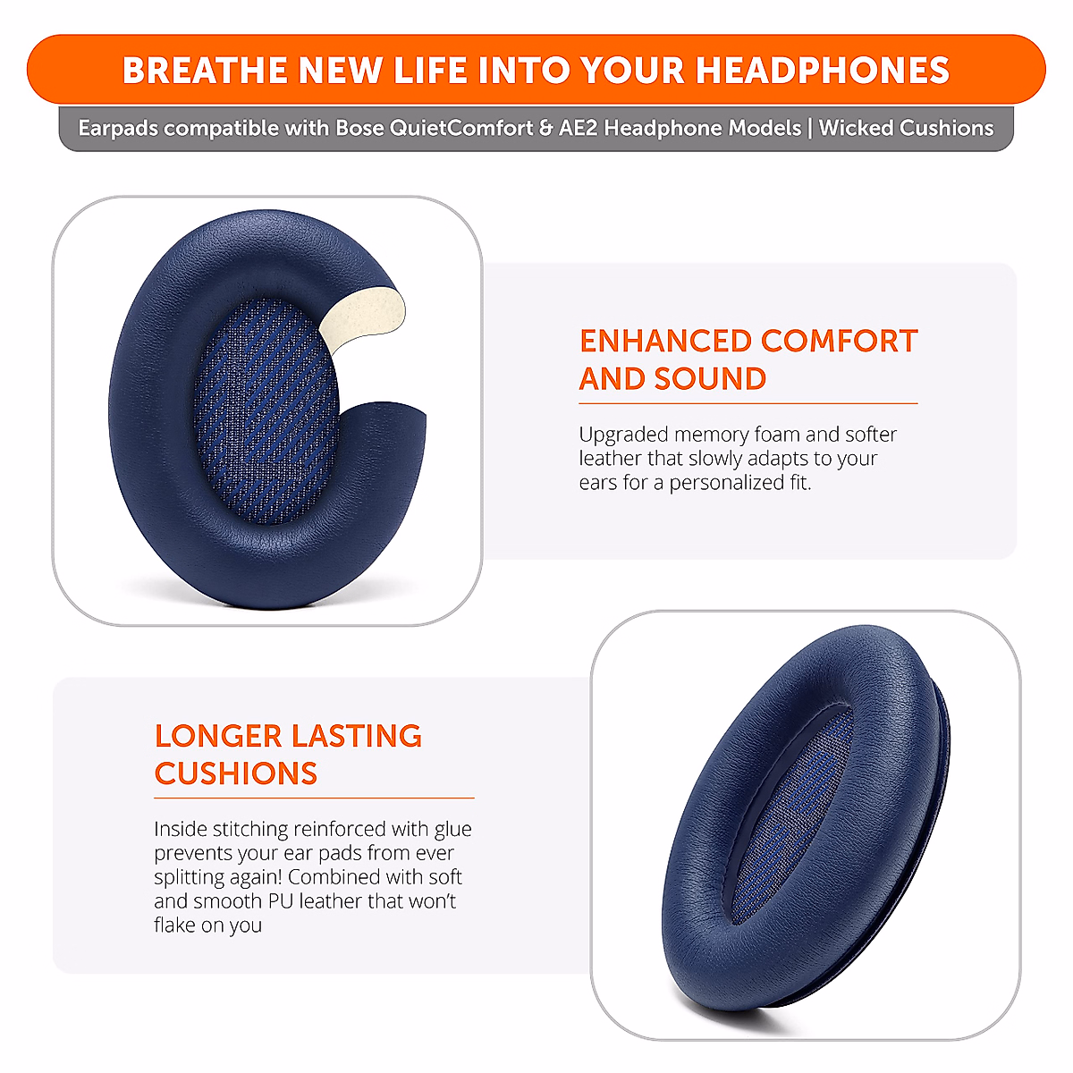 WC Wicked Cushions Upgraded Replacement Ear Pads for Bose QC35 & QC35ii (QuietComfort 35) Headphones & More - Softer Leather, Luxurious Memory Foam, Added Thickness, Extra Durability | Midnight Blue