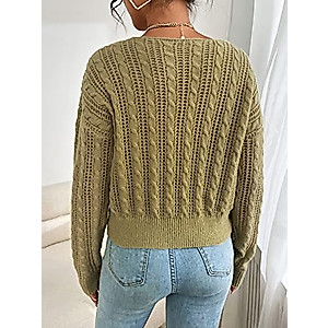 WDIRARA Women's Cable Knit Twsit Front V Neck Long Sleeve Crop Sweater Pullover Khaki L