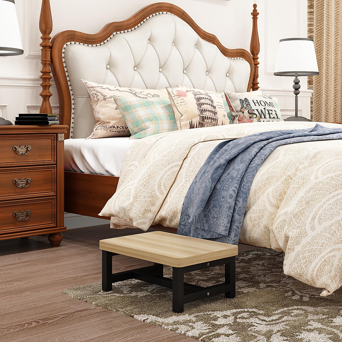 Wooden Step Stools for Adults & Kids, 500 Lbs Capacity, Heavy Duty Wide Wooden Stepping Stools for Kitchen, Bedroom, Living Room, Bathroom with Non-Slip Pads, Bed Steps for High Beds, Metal (Walnut)