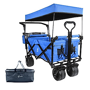 Collapsible Wagon Heavy Duty Folding Wagon Cart with Removable Canopy, 4" Wide Large All Terrain Wheels, Brake, Adjustable Handles,Cooler Bag Utility Carts for Outdoor Garden Wagons Carts Beach Cart