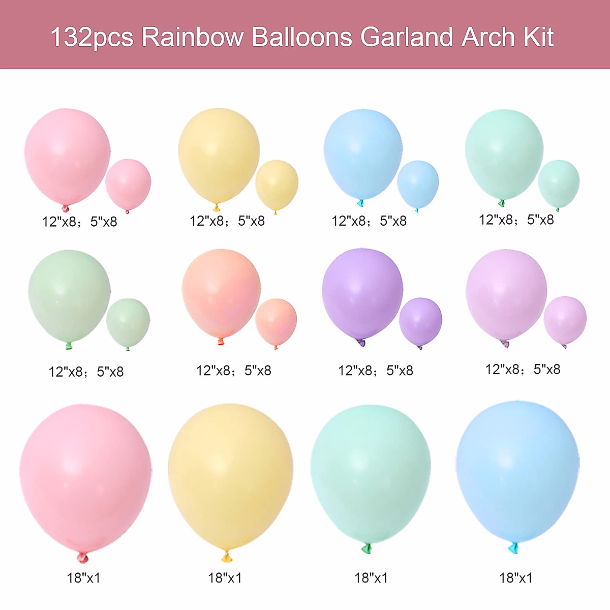 Pastel Balloons Garland Arch Kit - 132pcs Rainbow Macaron Balloons Arch Kit in 5" 12" 18" Ice Cream Party Balloons for Kids Birthday Wedding Bride Shower Baby Shower Party Decorations