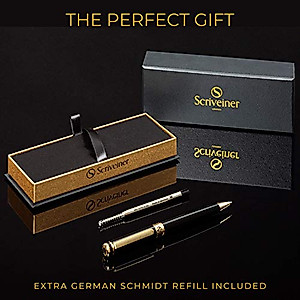 Scriveiner Black Lacquer Ballpoint Pen - Stunning Luxury Pen with 24K Gold Finish, Schmidt Black Refill, Best Ball Pen Gift Set for Men & Women, Professional Executive Office, Nice Fancy Designer Pens