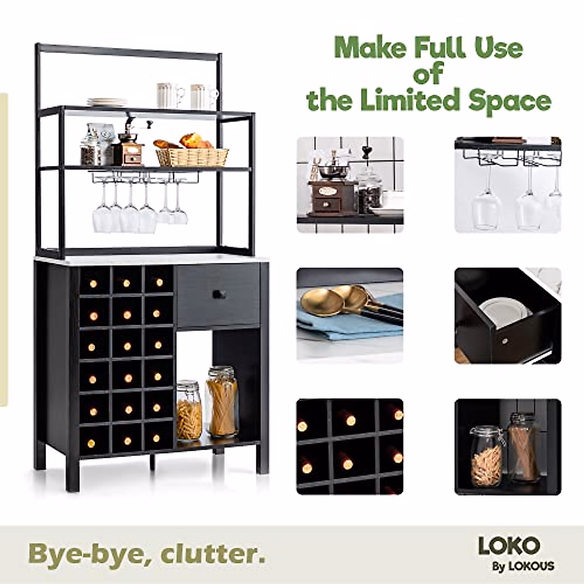 LOKO Bar Cabinet, Wine Storage Cabinet with Detachable Glass Holder and Racks, Kitchen Bakers Rack with Wine Rack, 31 x 16 x 64 inches (Black)